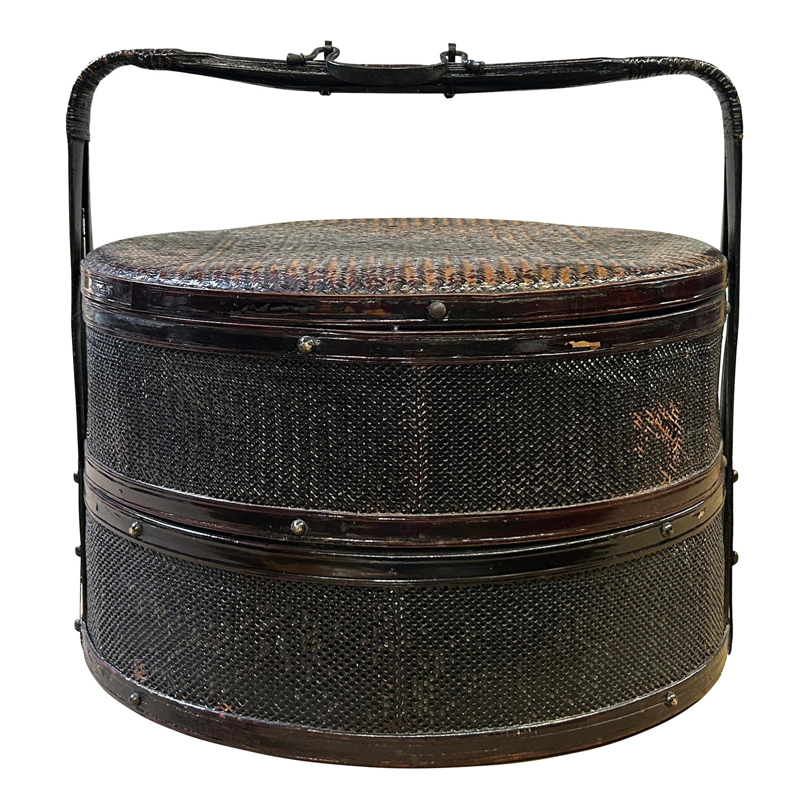 Large Vintage Oriental Handmade Brown Rattan Stack Basket With Handle ...