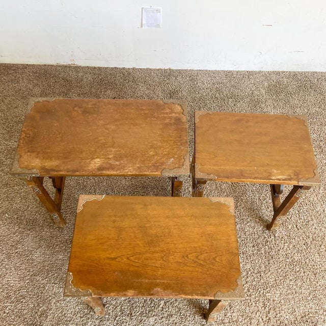 Japanese Wooden Nesting Tables With Brass Accents - Set of 3 | Chairish