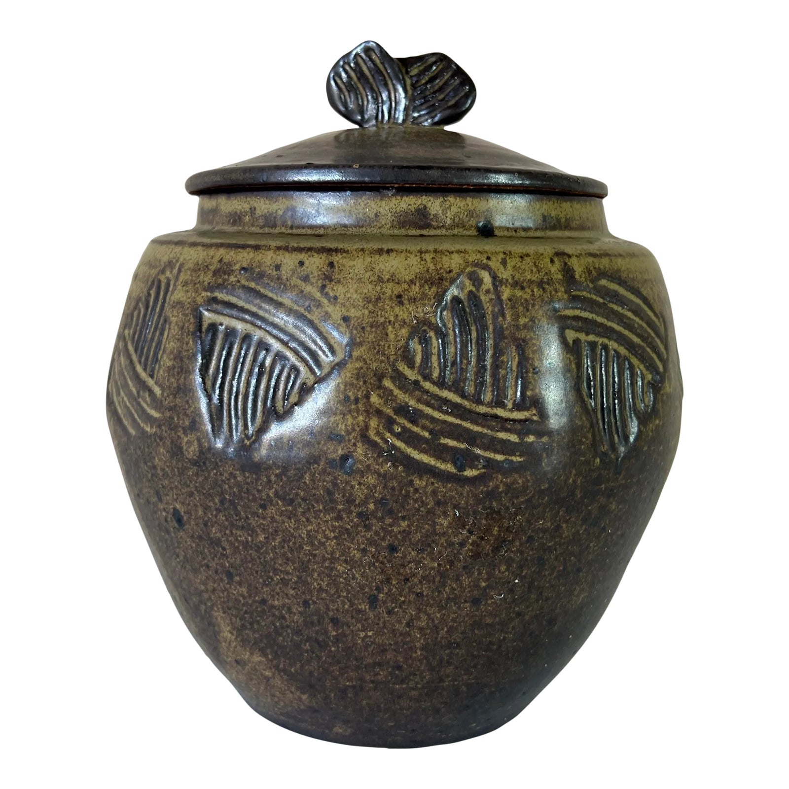 Mid-Century Speckled Glaze Studio Pottery Jar With Lid | Chairish