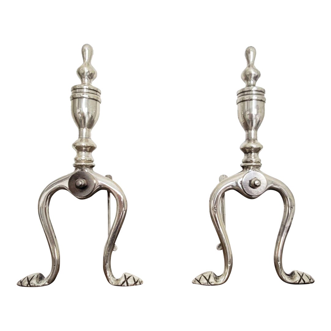 Pair of Brass Fireplace Andiron Set in Silver Antique Finish | Chairish