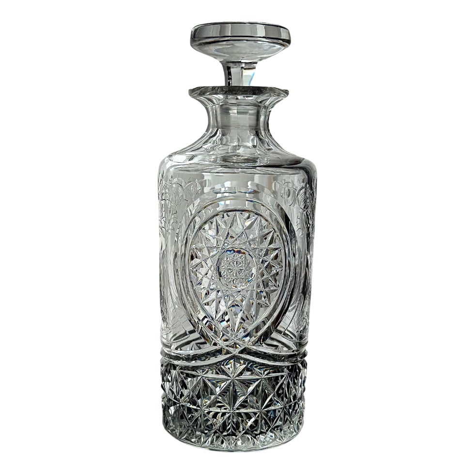 Engraved Cut Glass Decanter with Silver-Plated Gin Tag, 1930s | Chairish