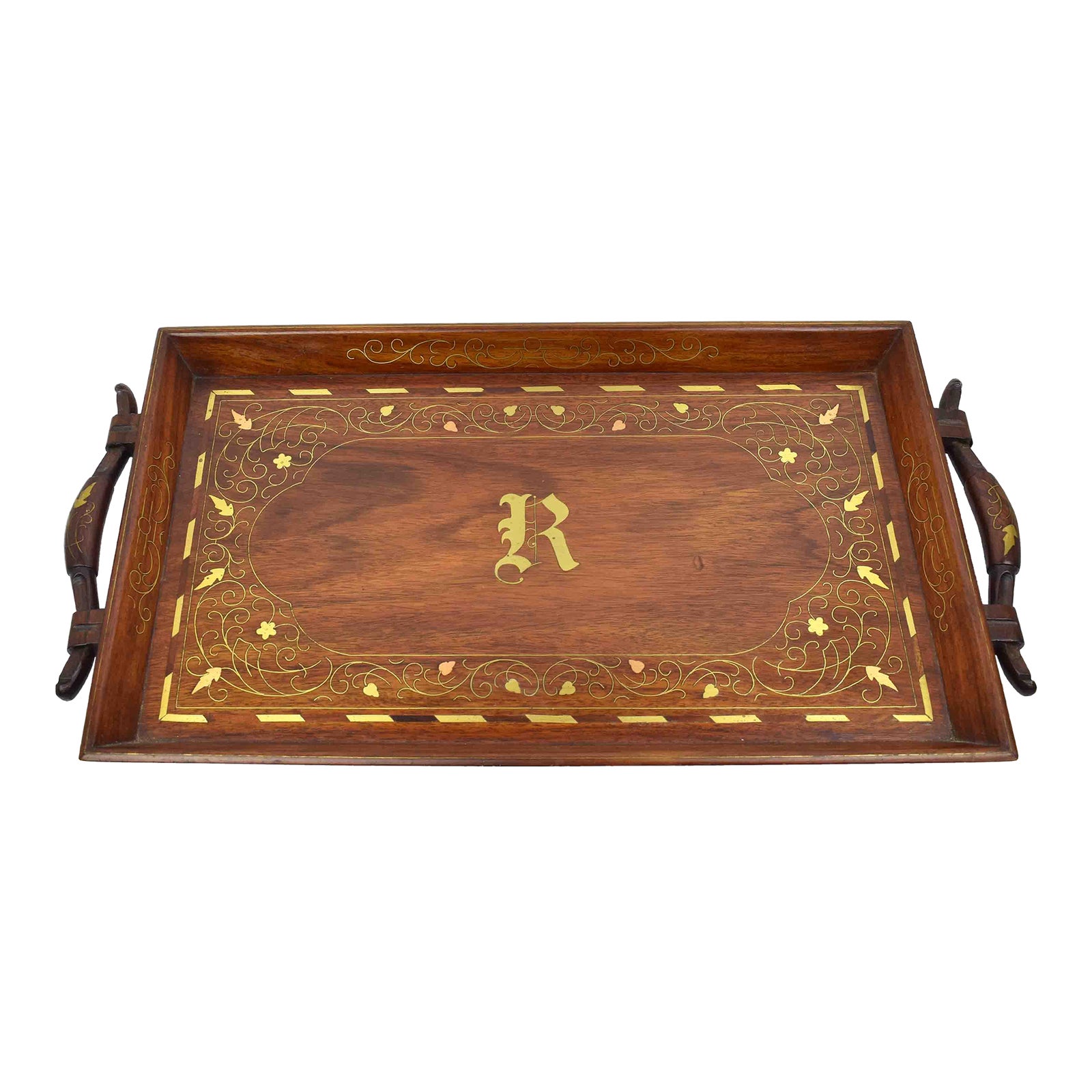 Late 20th Century Handmade Large Wooden Butler Serving Tray With Floral ...