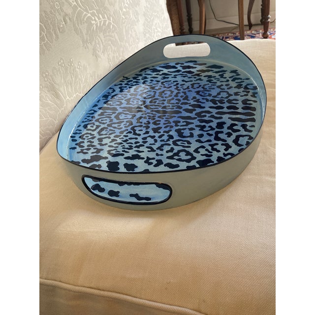 Contemporary Oval Blue Leopard Lacquer Tray | Chairish