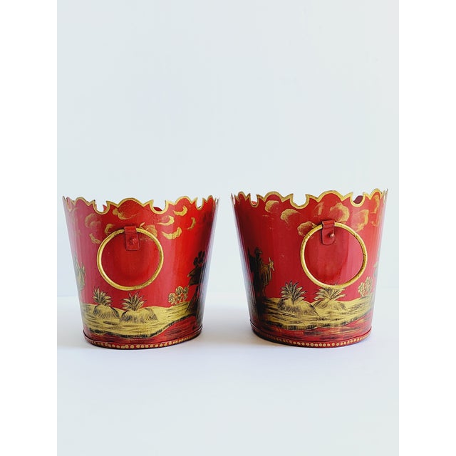 Chinoiserie Style Tole Painted Cachepots-A Pair | Chairish