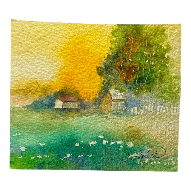 Original Miniature Watercolor Landscape “Full Light of Day” | Chairish