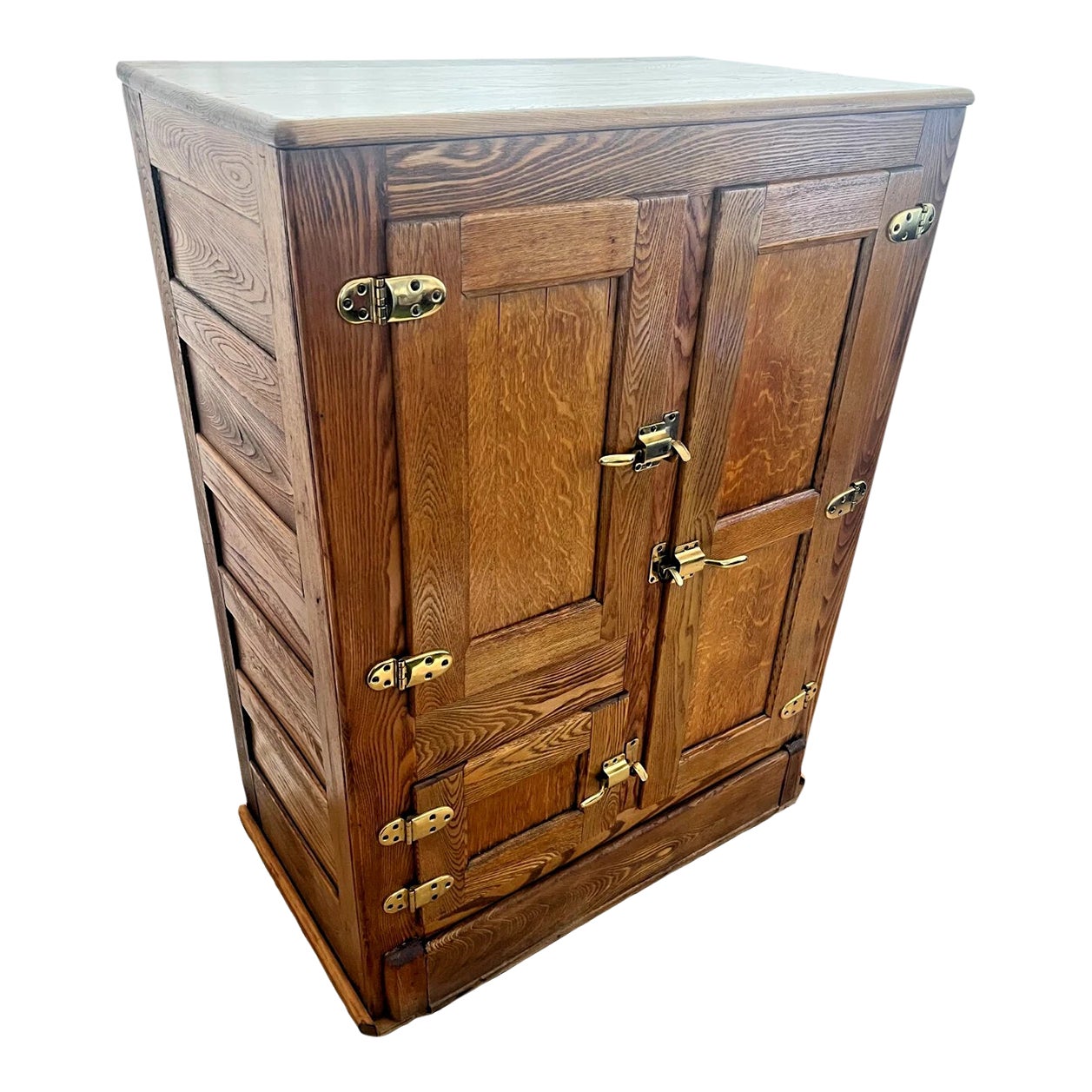 Antique Ice Box Three Storage Cabinets Oak Brass Four Racks | Chairish