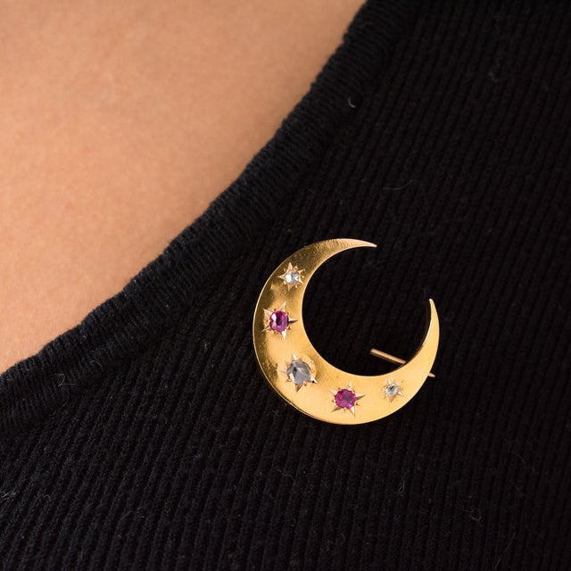 20th Century French Diamonds Ruby 18 Karat Yellow Gold Moon Brooch ...