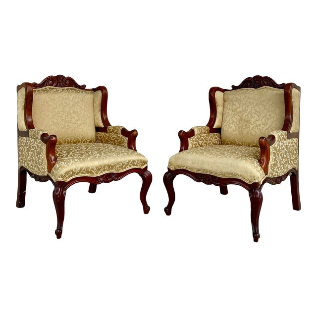 1920s Carved Mahogany French Library Silk Wingback Chairs - Set of 2 ...