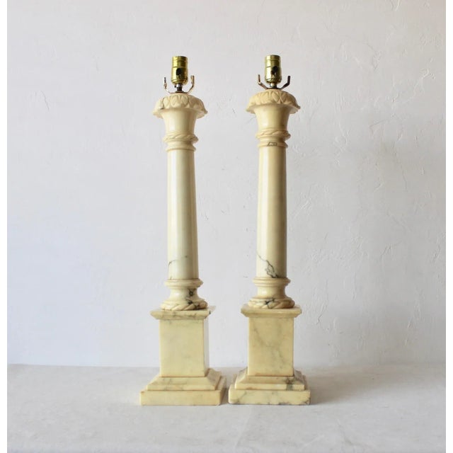 Large Italian Column Neoclassic Alabaster Table Lamps-A Pair | Chairish