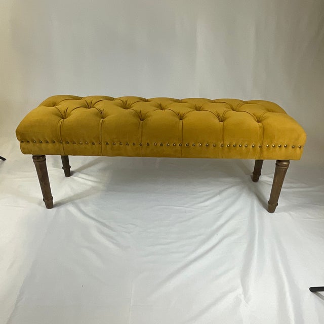 Vintage Traditional Tufted Velvet Bench in Mustard With Nailhead ...