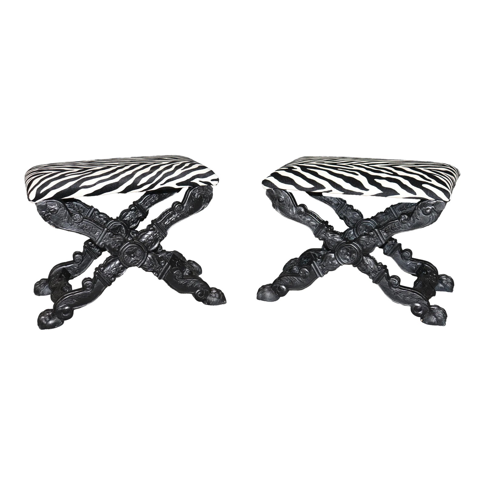 Pair Ebonized Carved French Maison Jansen Style Zebra Print Upholstered ...