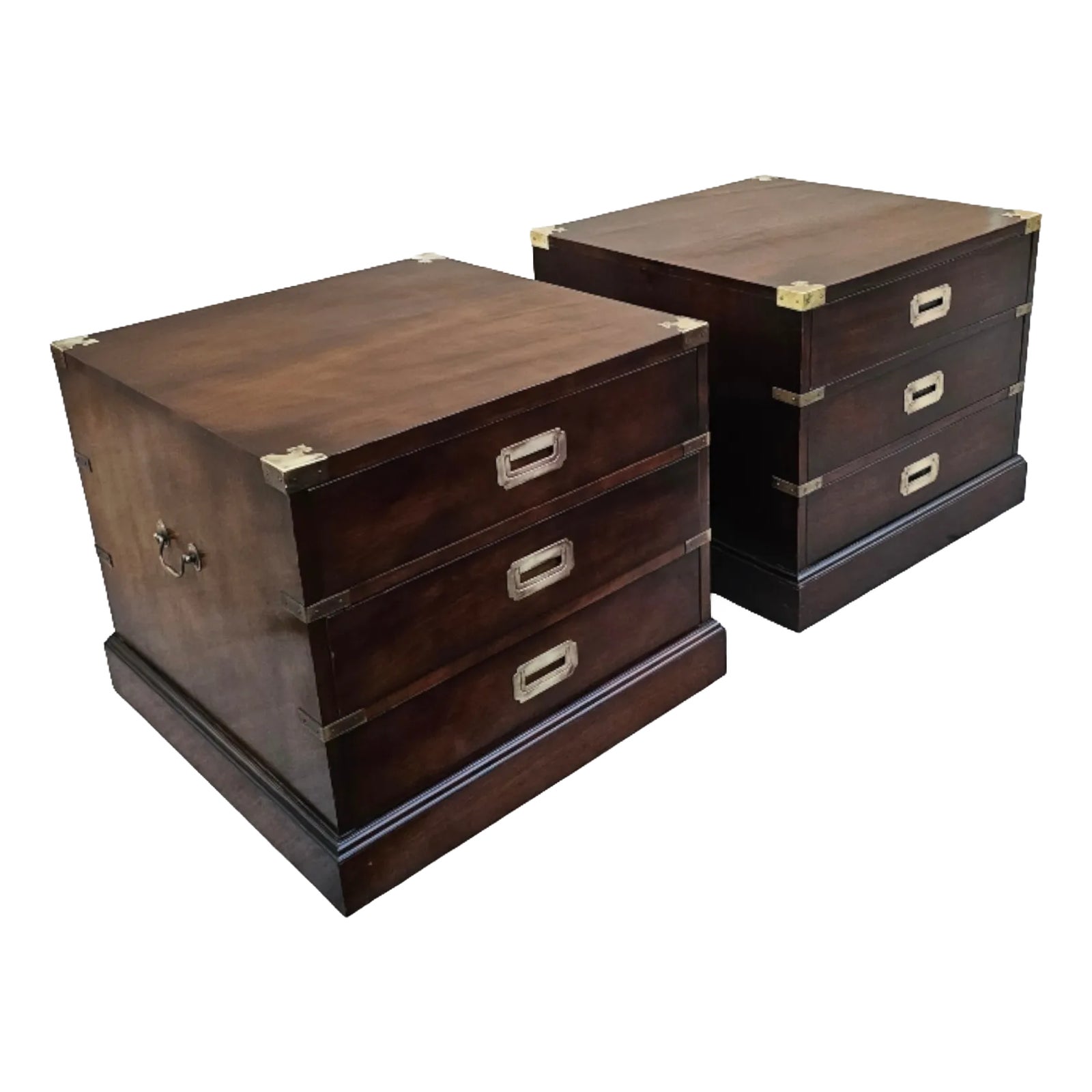 Pair of Vintage English Mahogany Campaign Chest Side Tables | Chairish