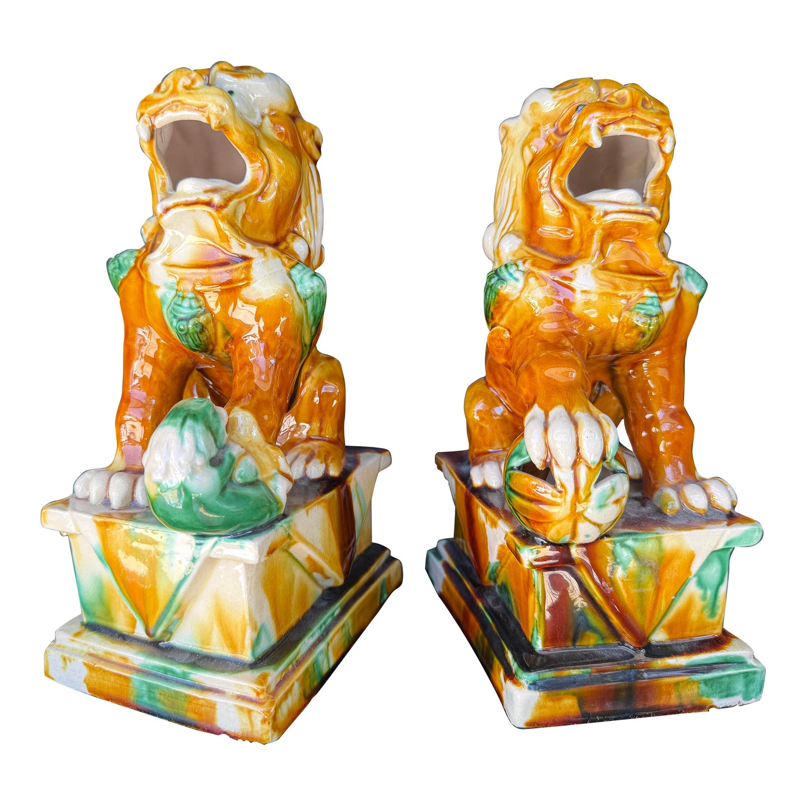 Vintage Multicolor Fengshui Foo Dogs- a Pair | Chairish