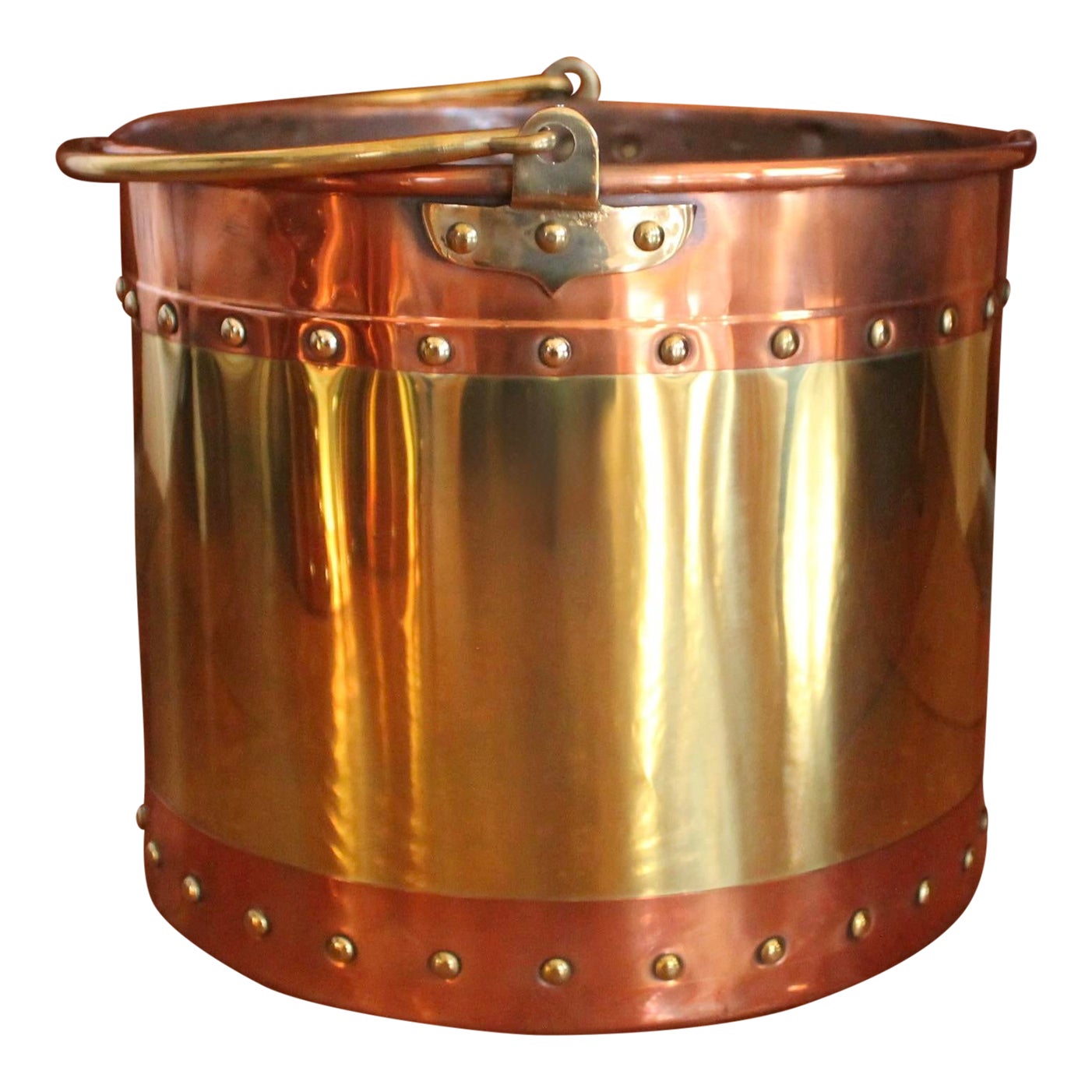 Large Copper and Brass Studded Kindling Bucket | Chairish