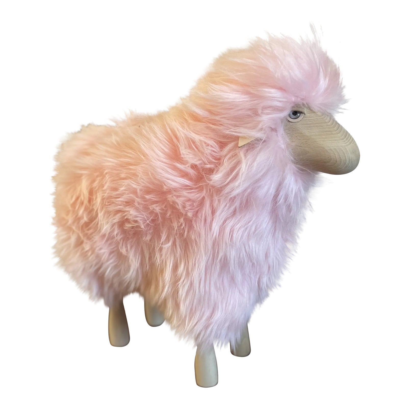 Lalanne Style Carved Wood and Pink Fur Sheep Stool or Statue | Chairish