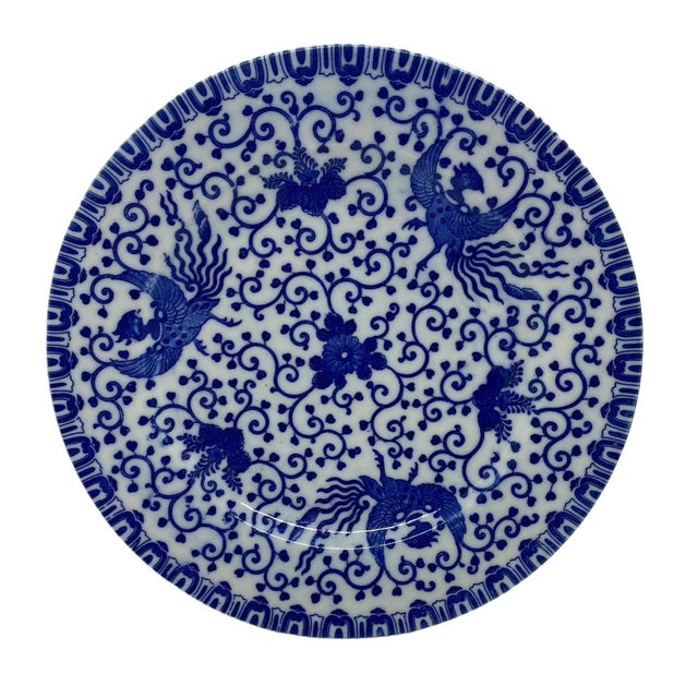 1950’s Japan Blue & White “Phoenix” Design Dinner Plate | Chairish