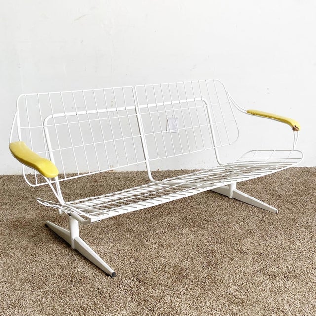 Danish Modern White Wire Metal Sofa With Yellow Arm Rests | Chairish
