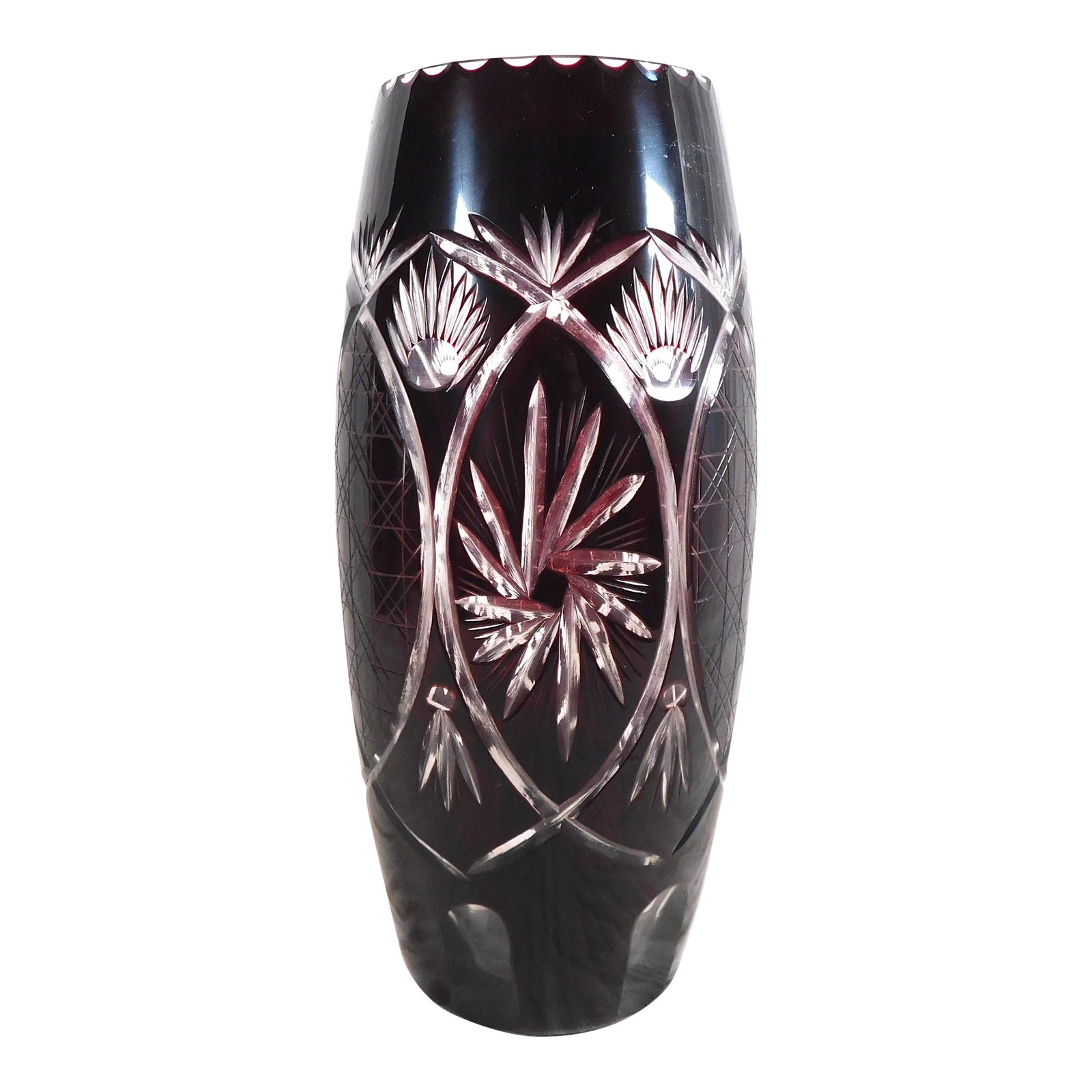 1940s Dark Red Cut to Clear Vase | Chairish