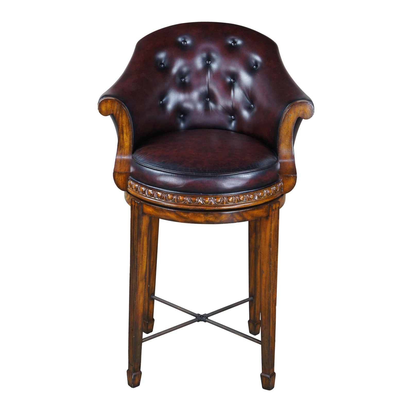 Late 20th Century Vintage Theodore Alexander Flame Mahogany Tufted Leather Bar Counter Stool ...
