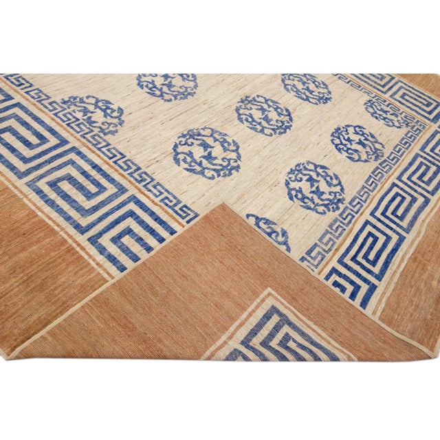 Modern Handmade Blue Greek Key Pattern Beige Oversize Wool Rug | Chairish