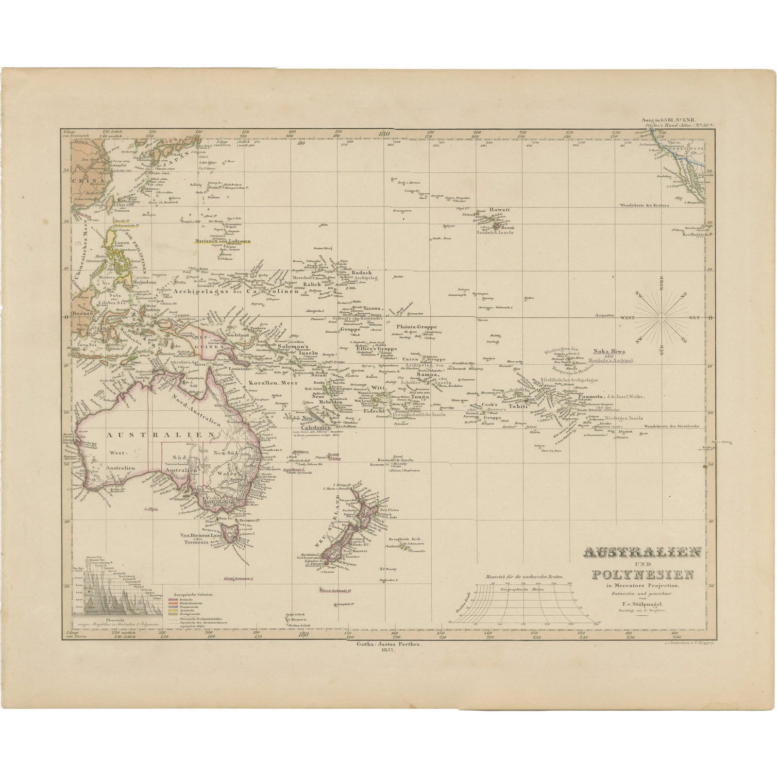 Antique Map of Australia, New Zealand and Polynesia Stülpnagel, 1857 ...