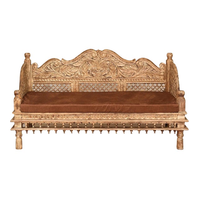1990s Ornate Hand Carved Wooden Indian Bench Sofa With Seat Cushion for ...