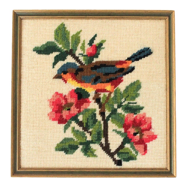Vintage Framed Colorful Bird Needlepoint Wall Hanging | Chairish