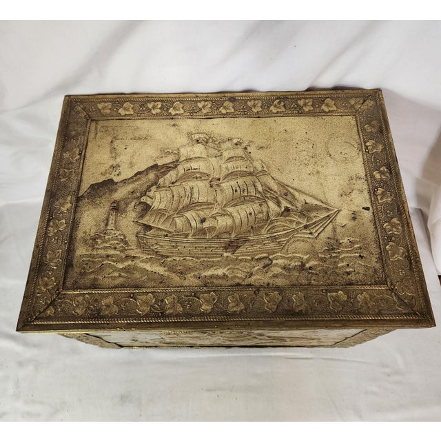 Antique Brass Embossed Nautical Ship Scene Kindling Box | Chairish