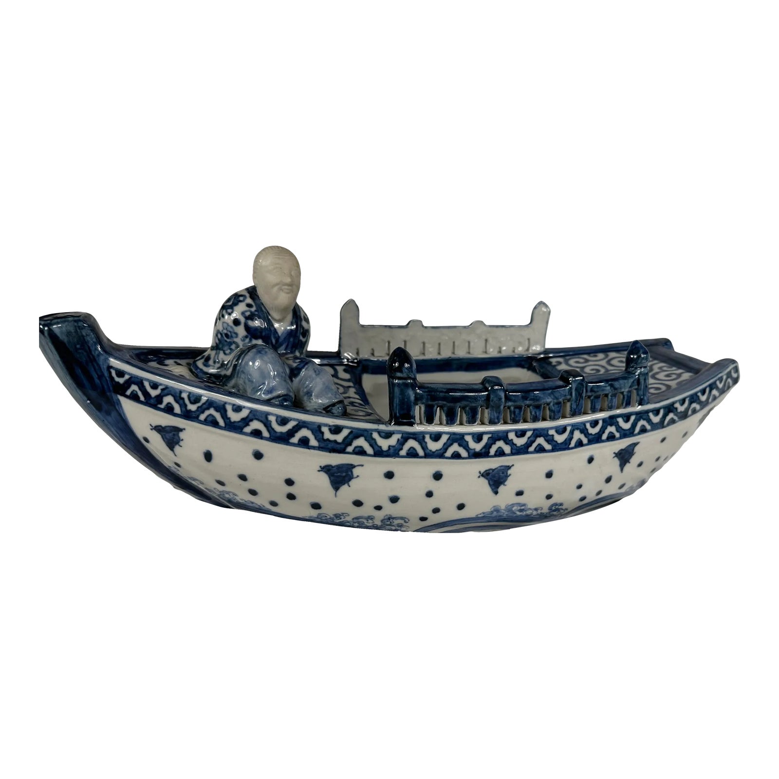 Japanese Kutani Boat Blue and White Signed Ikebana | Chairish