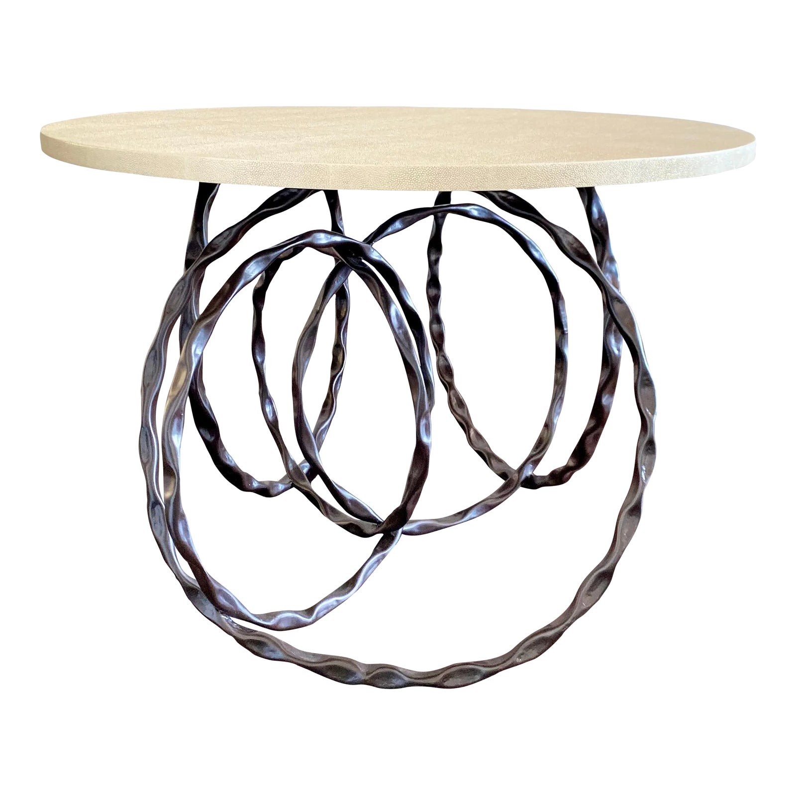 White Faux Shagreen Round Top on Circular Bronze Overlapping Pattern ...