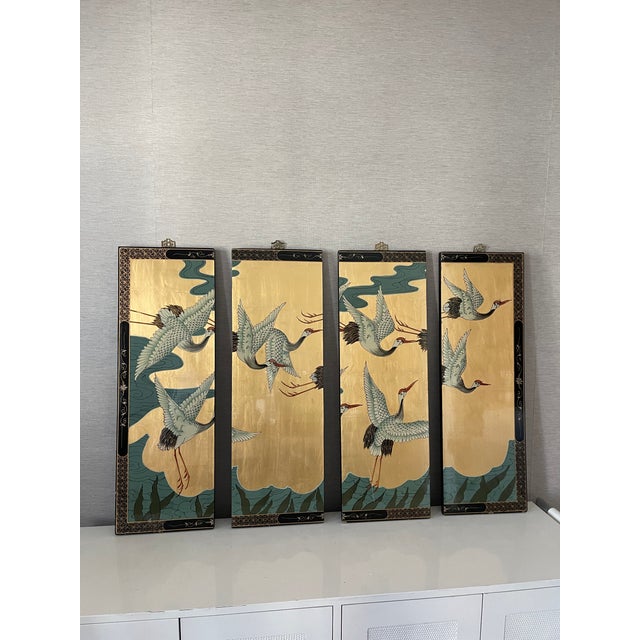 Boho Chic Japanese Gold Screen With Cranes - Set of 4 | Chairish