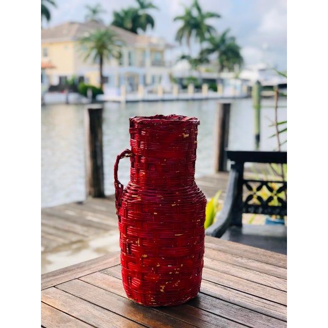 Vintage Red Wicker Jug | Chairish