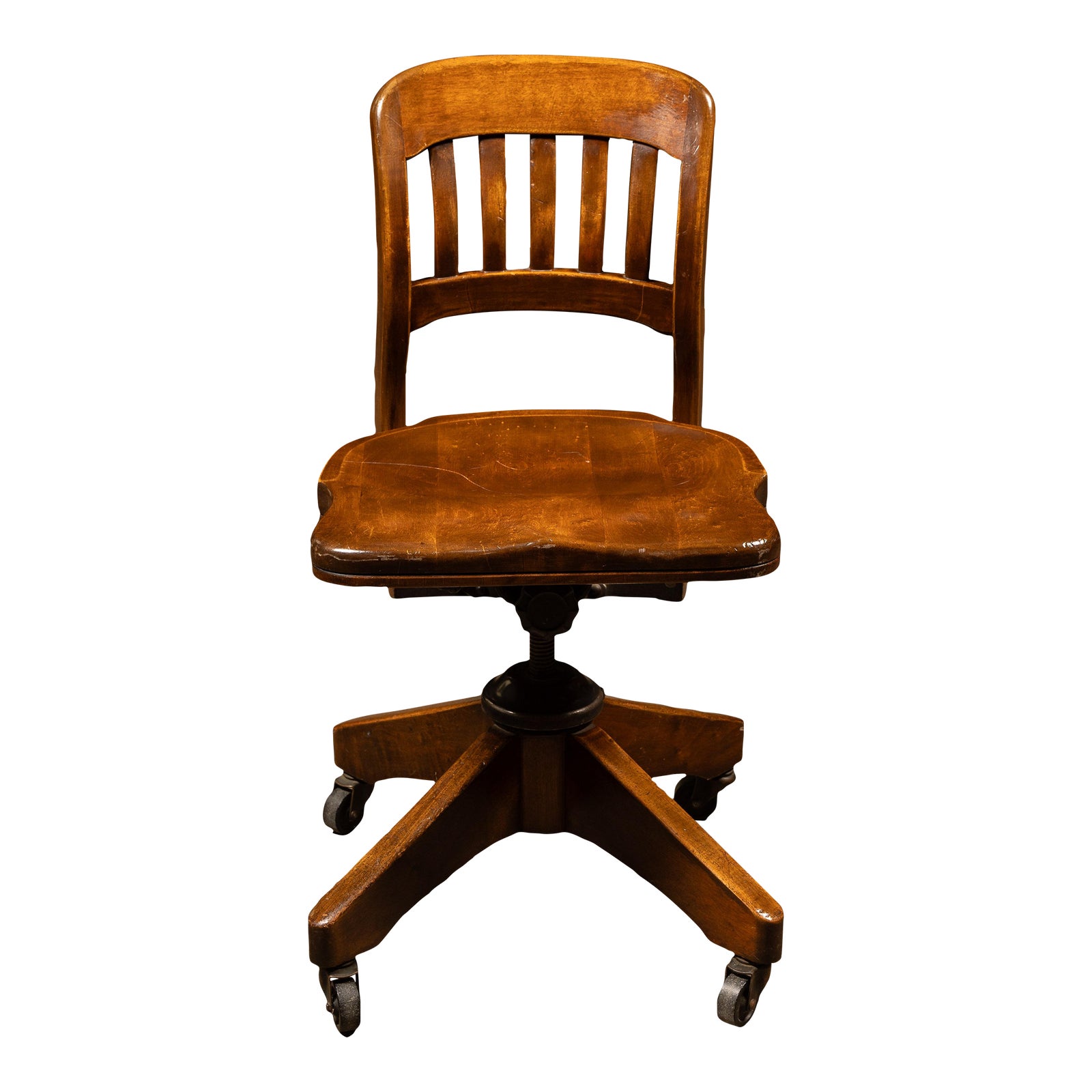 Early 20th Century Antique Wooden Rolling Banker's Chair | Chairish