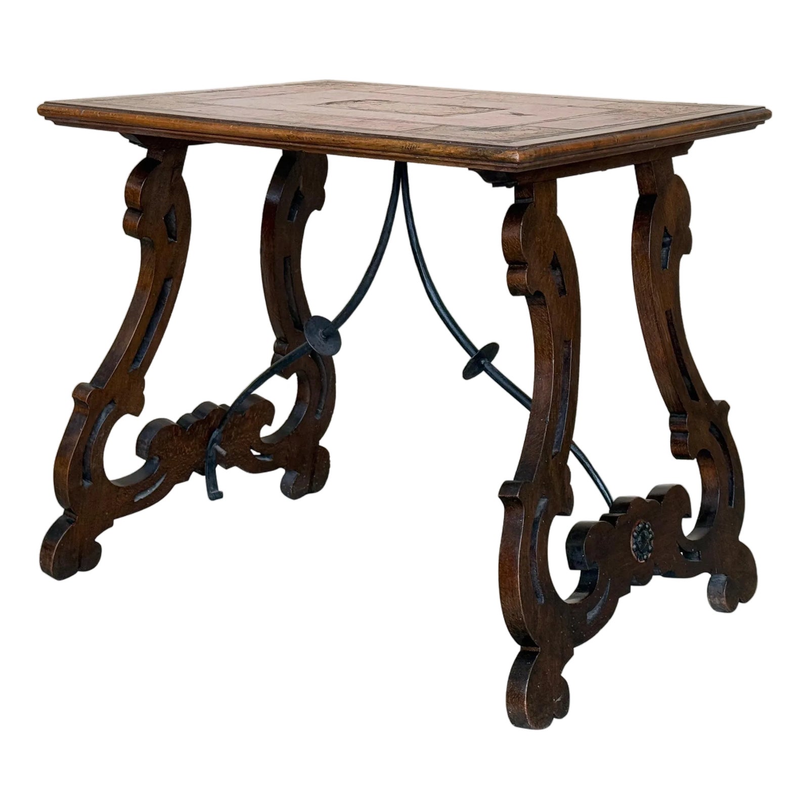 Spanish Baroque Side Table with Lyre Legs and Marquetry Top, 1850 ...