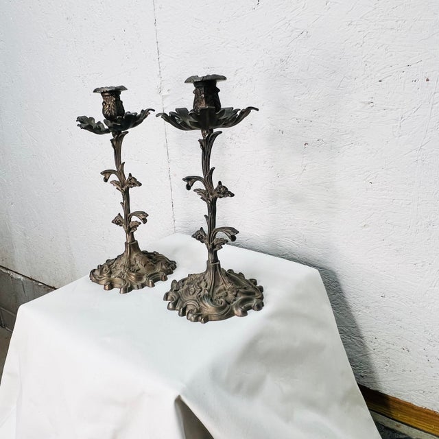 Mid Century Whimsical Flower Cast Metal Candlesticks, a Pair | Chairish