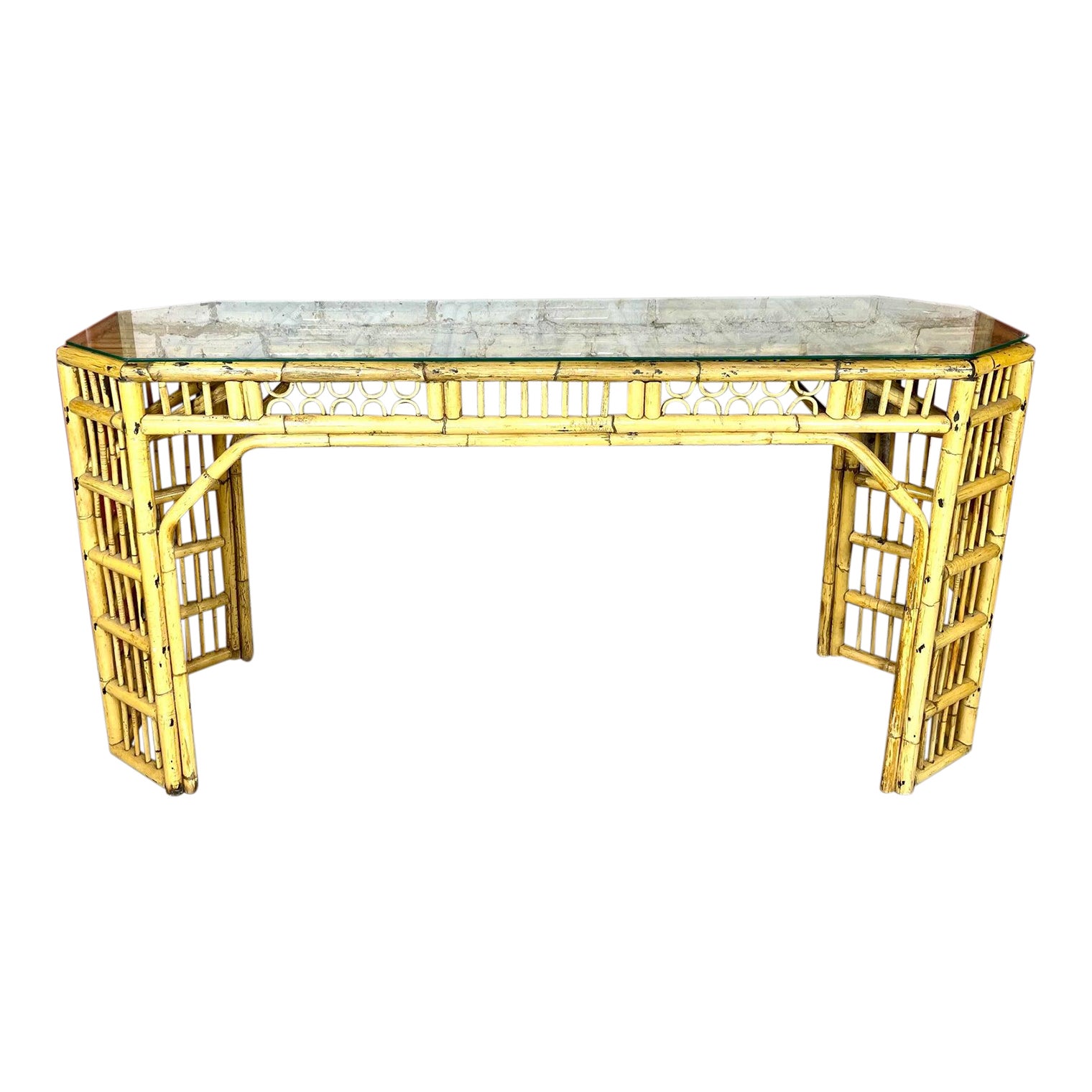 Vintage Hollywood Regency Brighton Pavilion Rattan Console Entry Table | Chairish