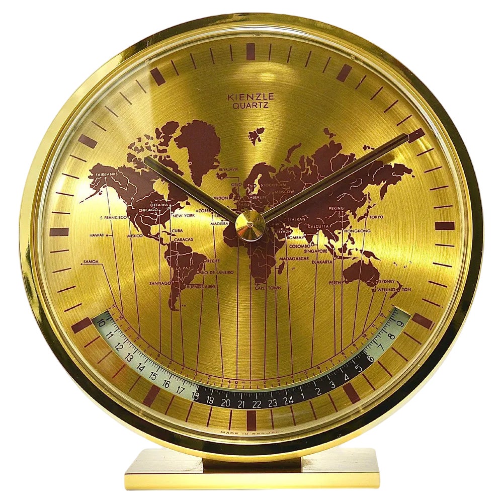 Mid-Century GMT World Time Zone Brass Table Clock, Germany attributed ...