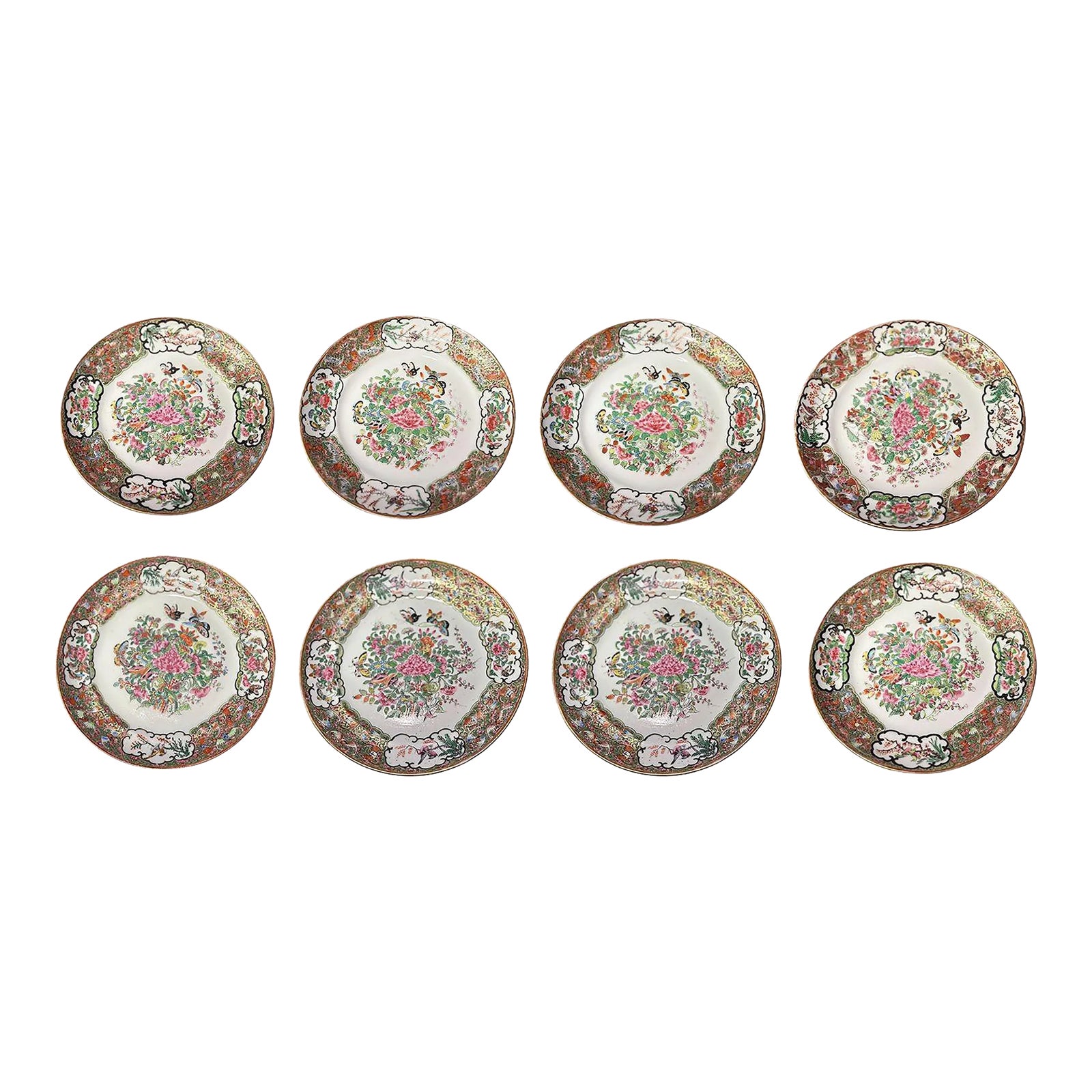 Early 19th Century Chinese Export Rose Canton Plates- Set of 8 | Chairish