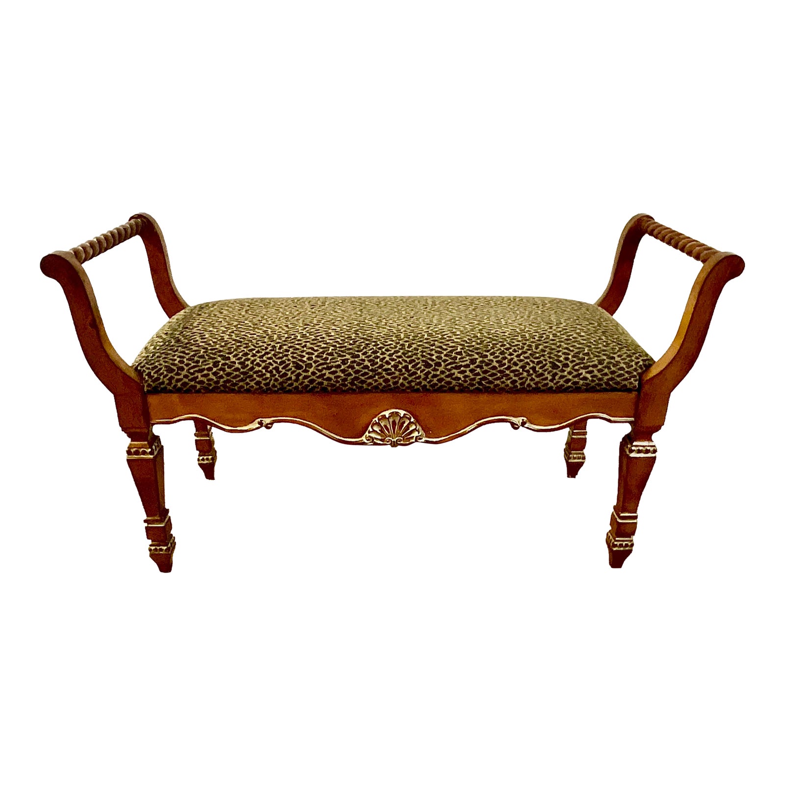1980s Vintage Neoclassical Animal Print Upholstered Bench With Shell ...