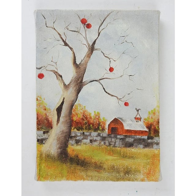 1990s Farm Landscape Red Barn Apple Tree Painting | Chairish