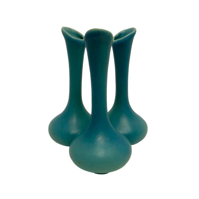 Mid-Century Van Briggle Tri-Tip Vase Turquoise Matte Glaze | Chairish
