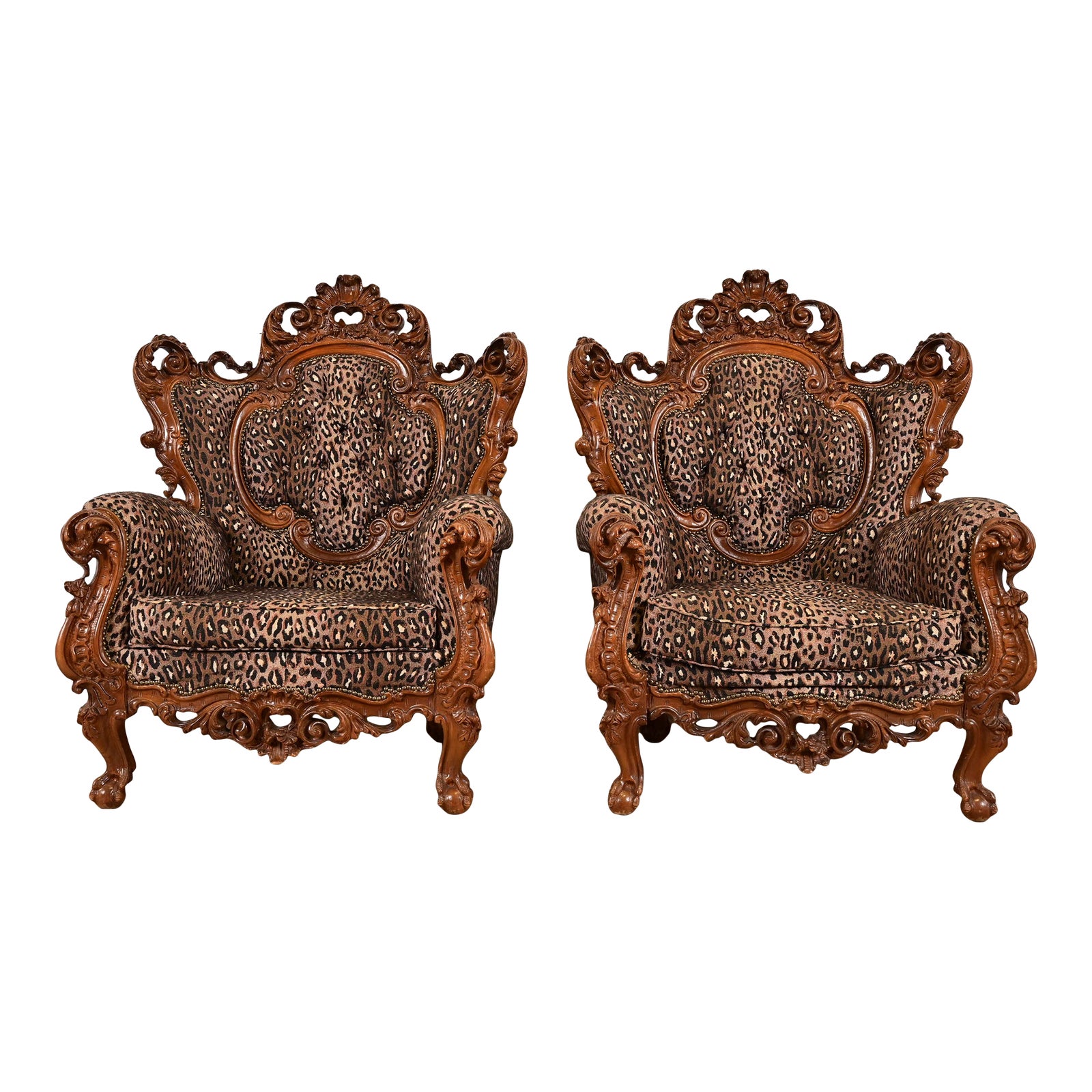 Italian Baroque Ornate Carved Walnut Throne Chairs or Lounge Chairs ...