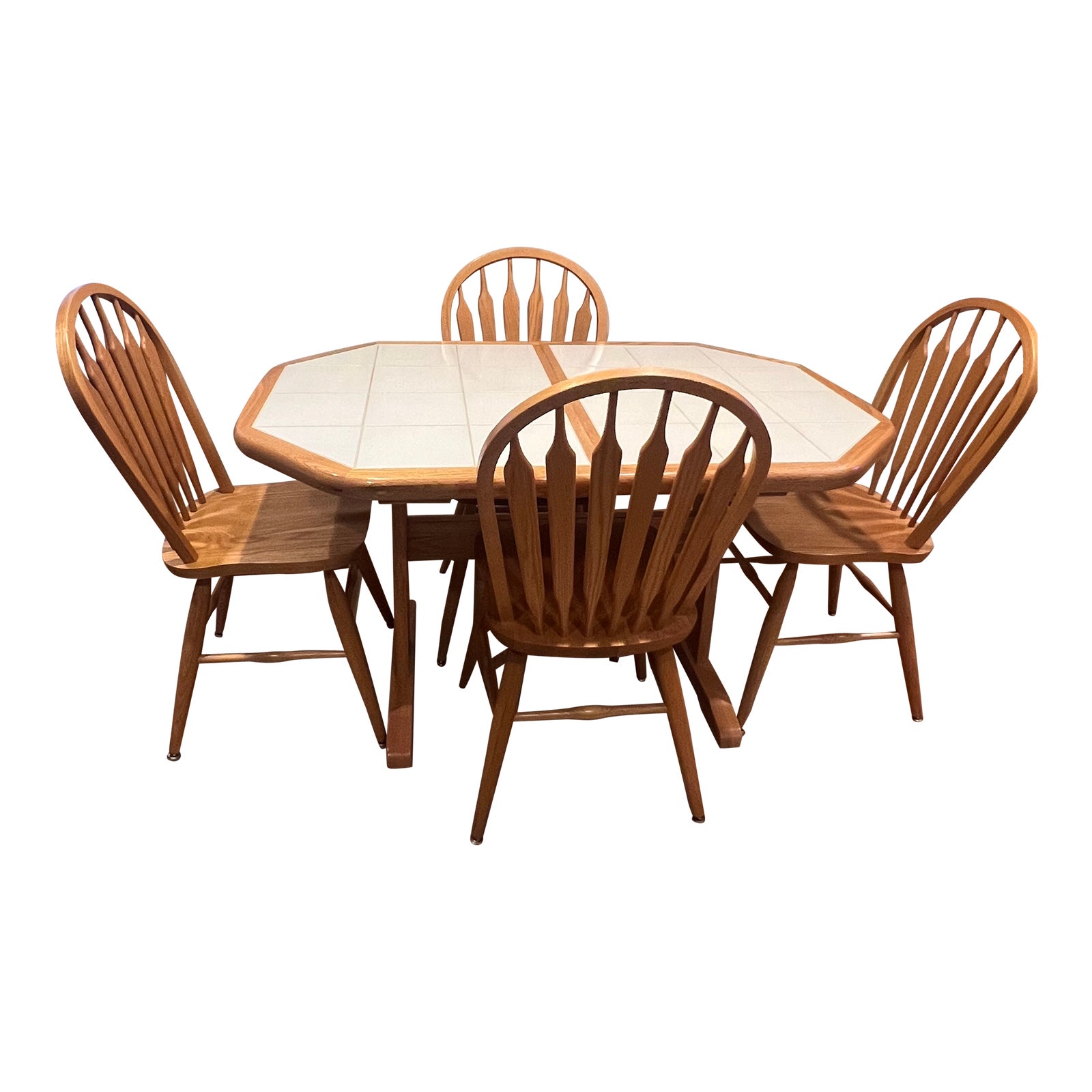 1990s Vintage Solid Oak Tile Top Extendable Table + 4 Chairs & Leaf ...