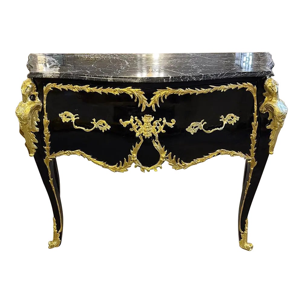 French Louis XV Style Black Commode With Gold Details | Chairish
