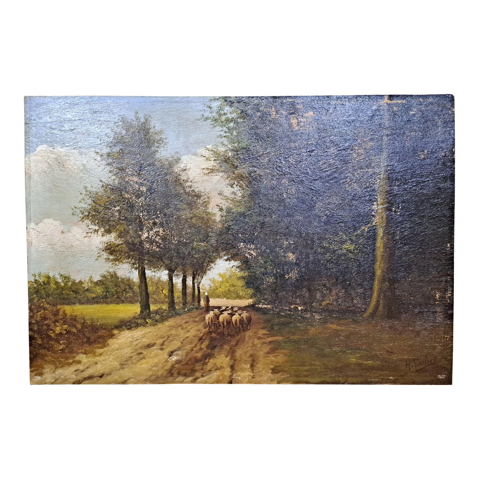 19th Century Oil on Canvas Shepherd With Flock of Sheep | Chairish