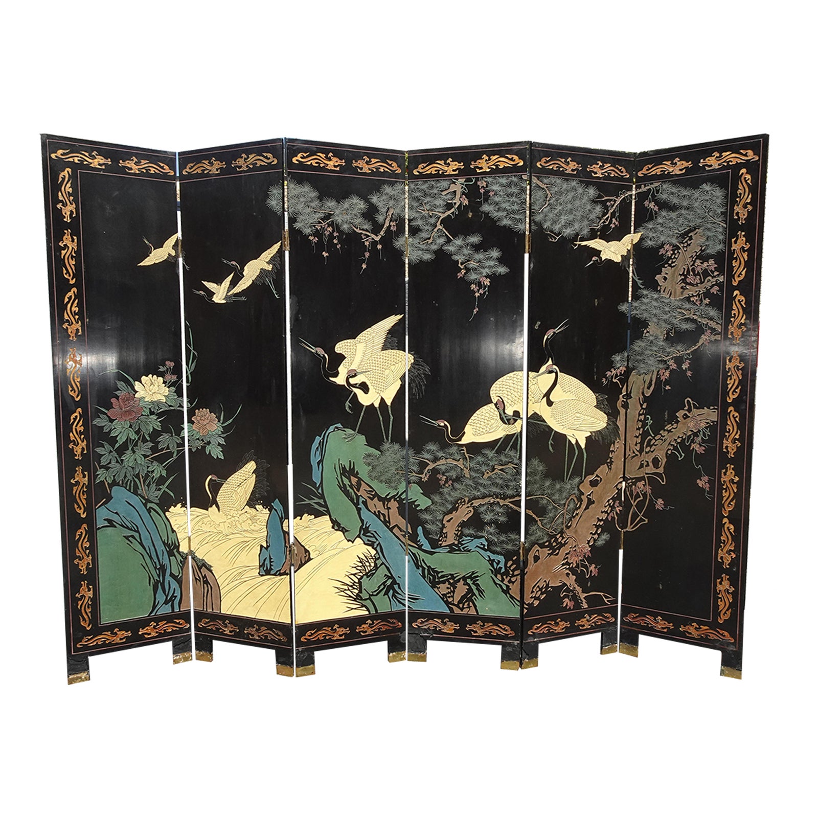 Vintage Oriental Asian Six Panel Screen Room Divider W Flying Cranes ...