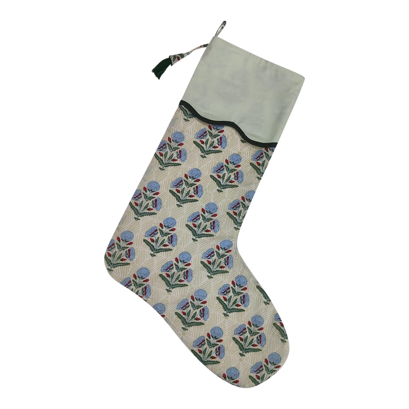 Handmade Light Blue Poppy Block Print Christmas Stocking with Dark ...
