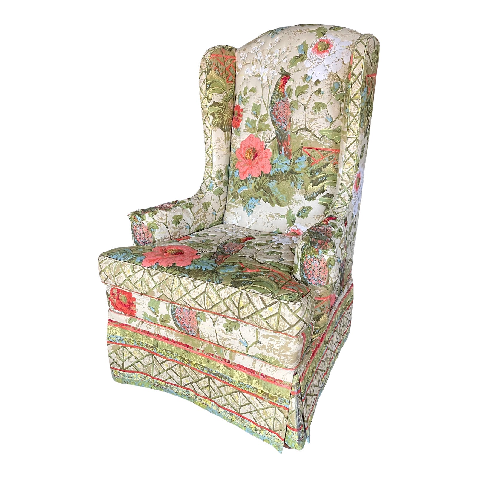 1980s Ethan Allen Bird of Paradise Floral Wingback Chair | Chairish