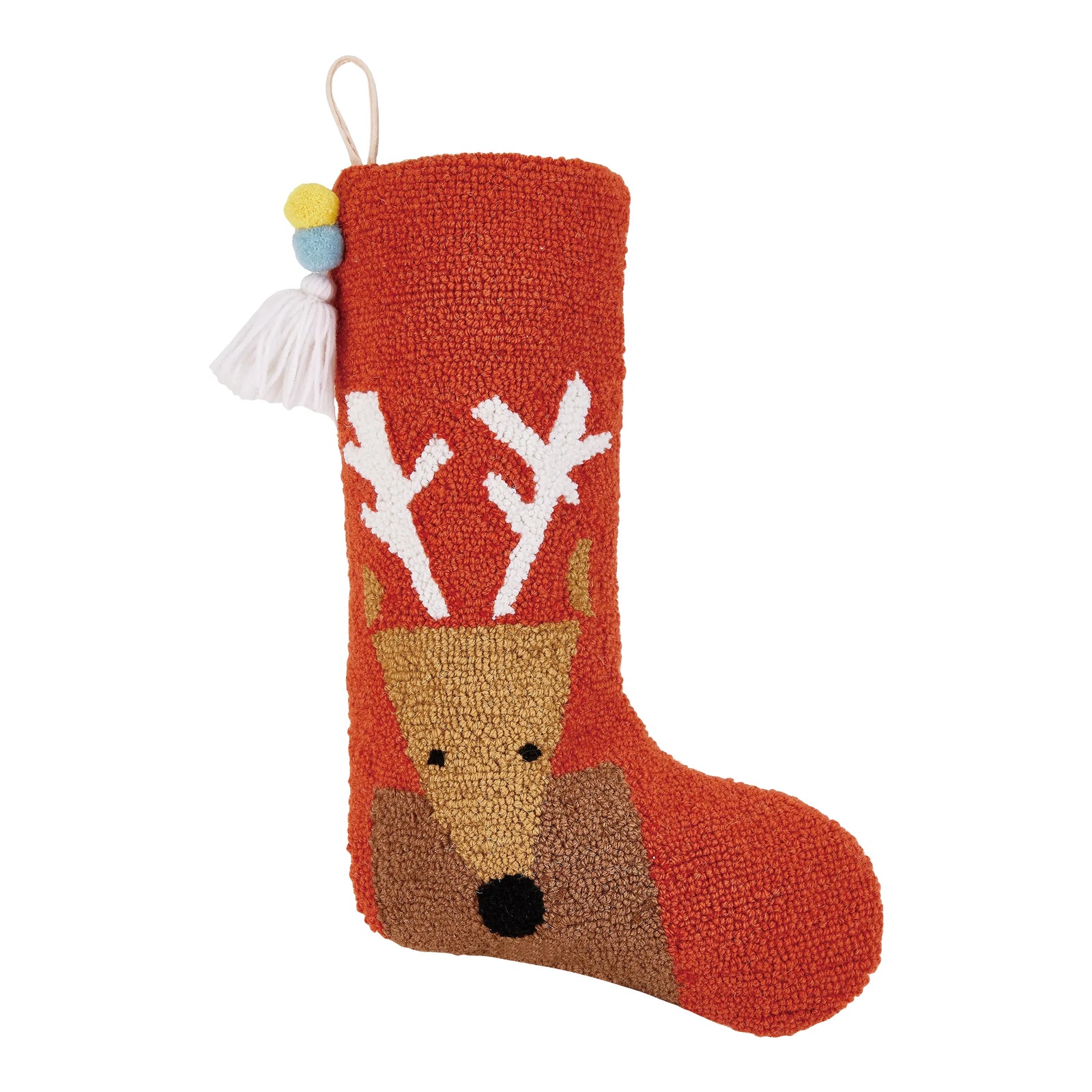 Reindeer Hook Stocking with Pom Pom Tassel | Chairish