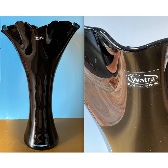 Watra Art Glass Black Trumpet Vase With Wavy Lip Alicja Poland | Chairish